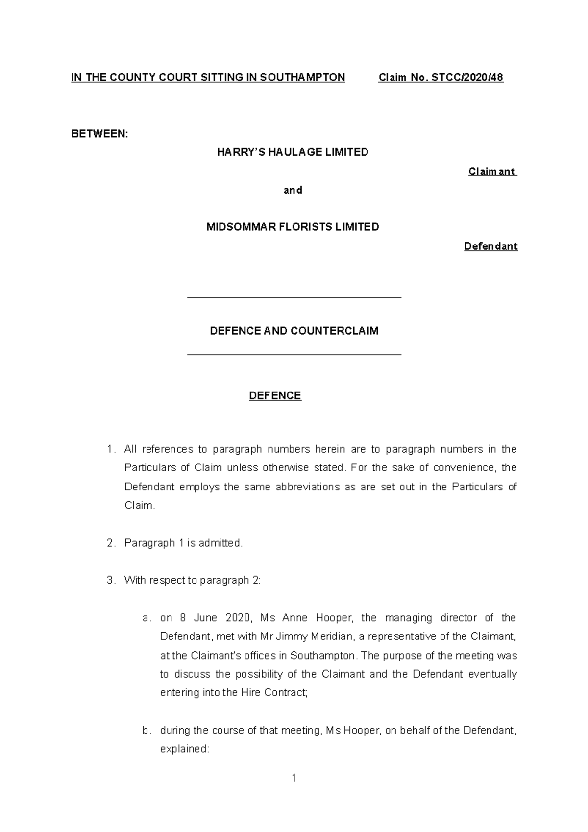 Defence And Counterclaim BPP Studocu