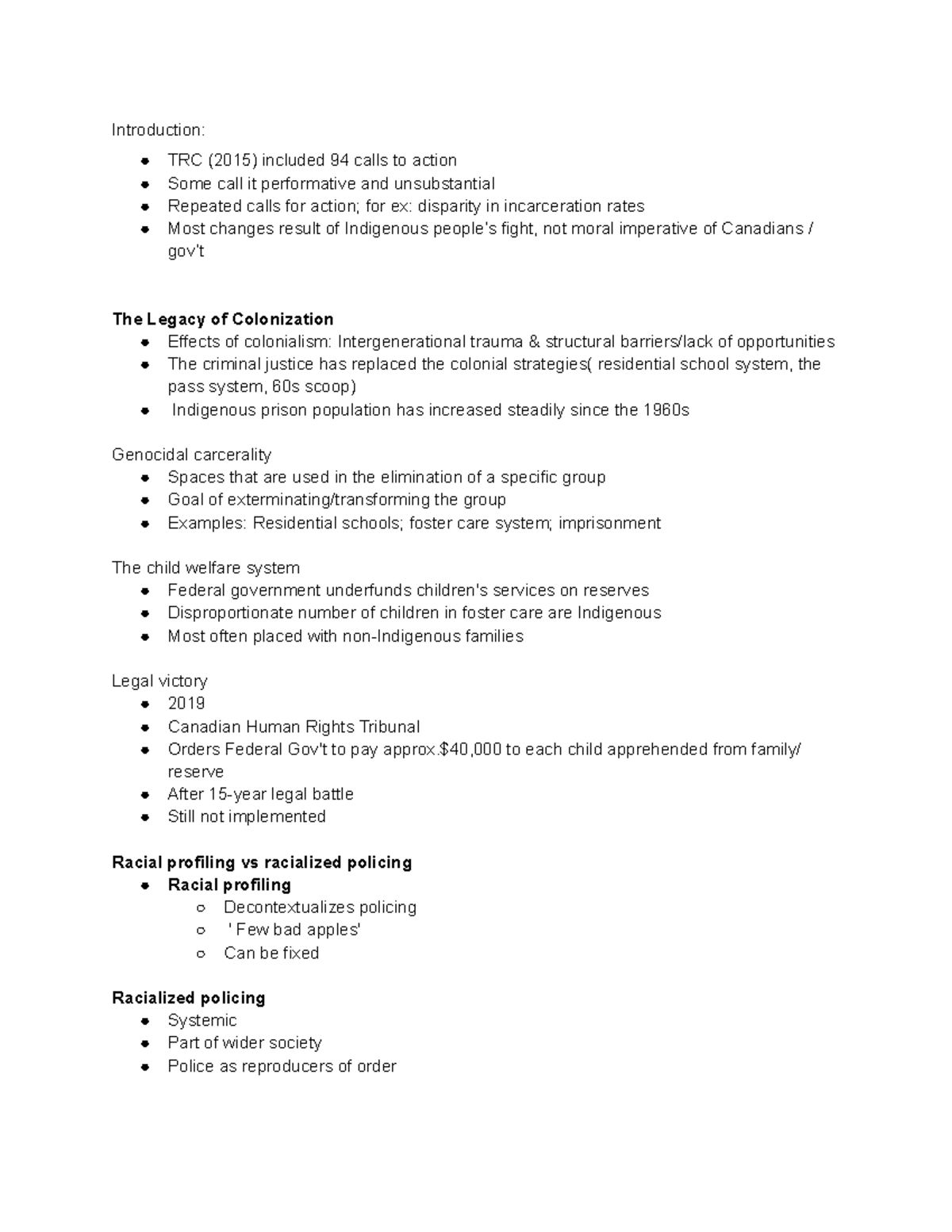 SOCI2450 A Chap 4 - Notes - Introduction: TRC (2015) included 94 calls ...