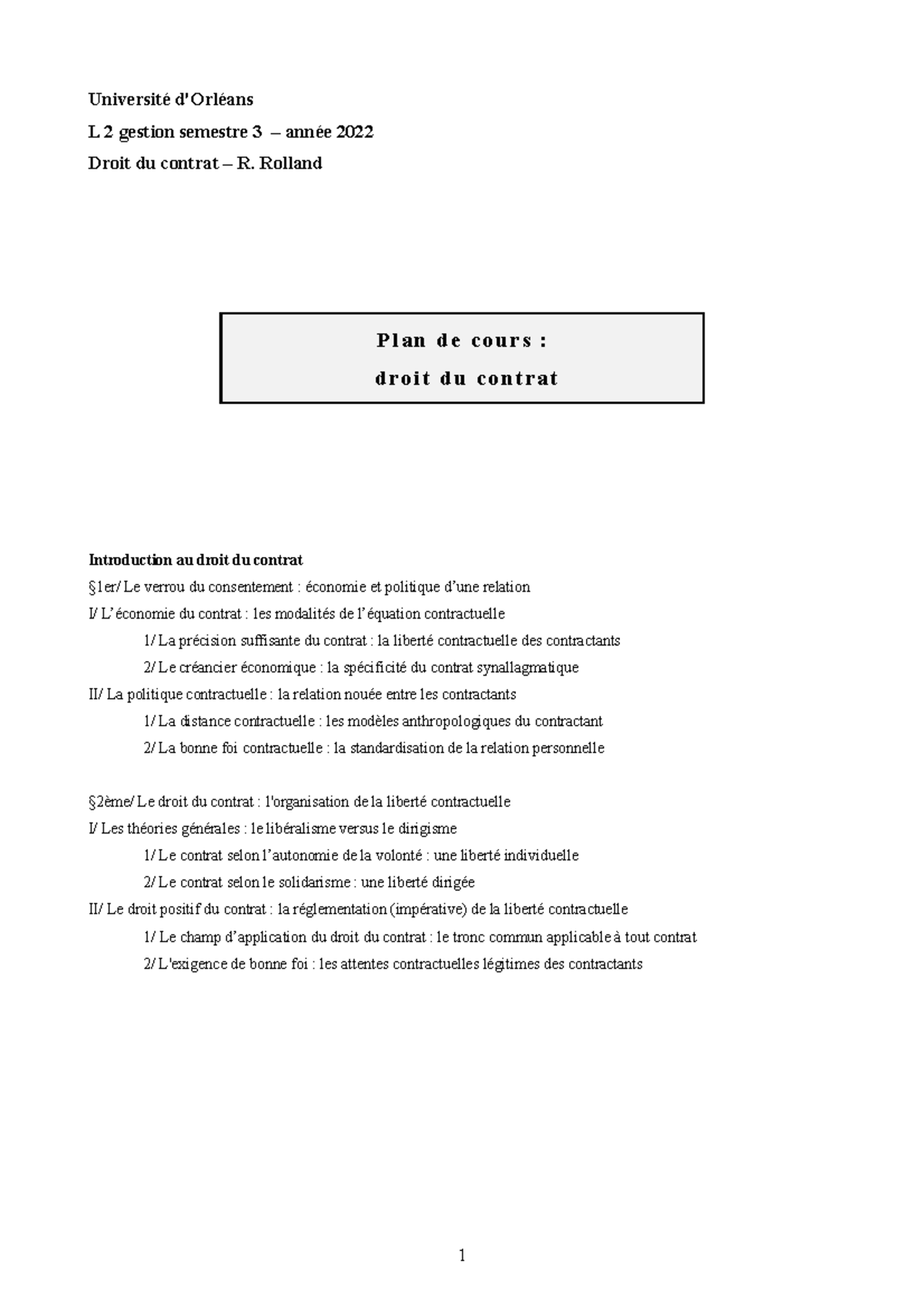 Plan cours Contrat 2022 - Université d'Orléans L 2 gestion semestre 3 ...