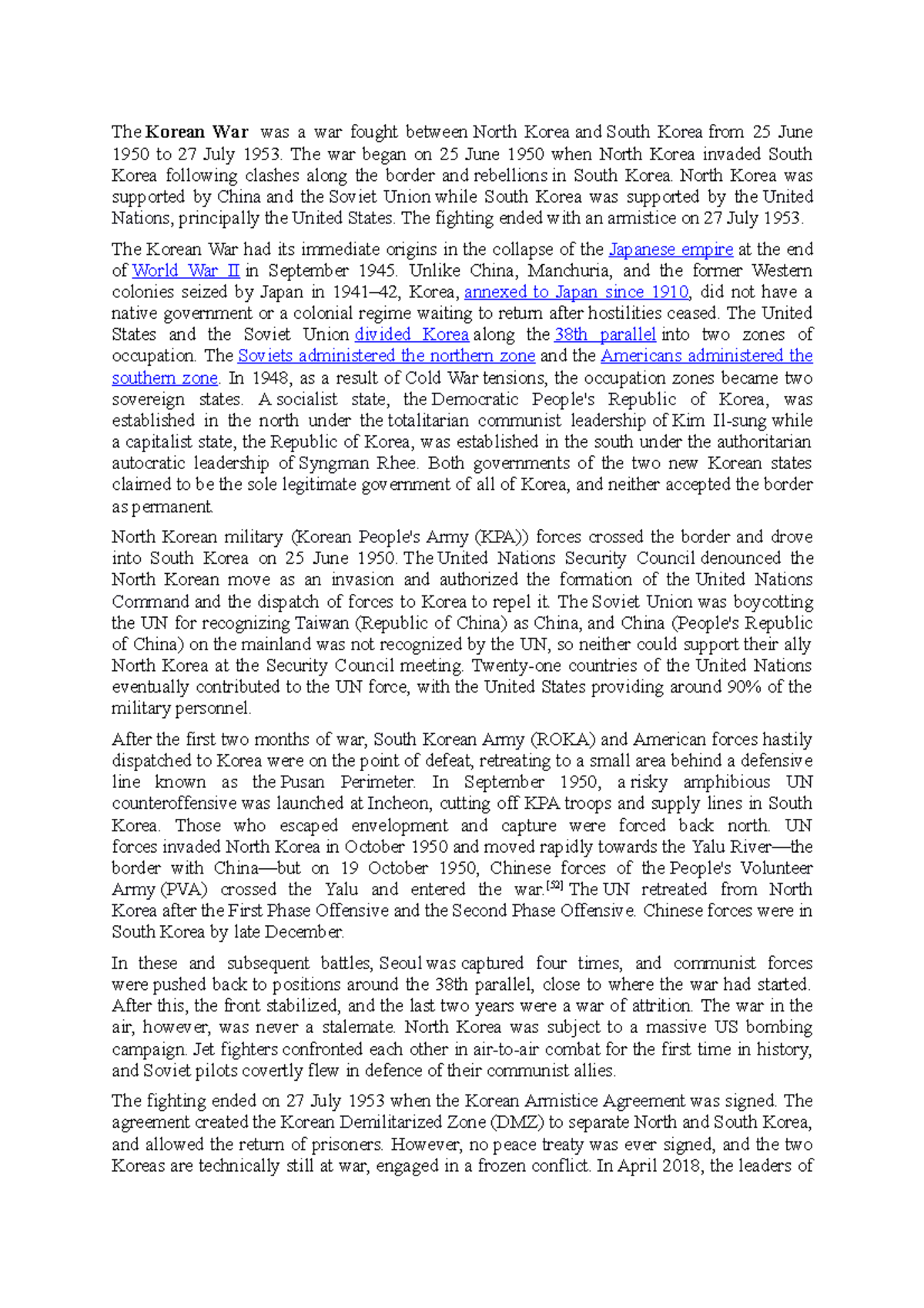 Korean war - The Korean War was a war fought between North Korea and ...