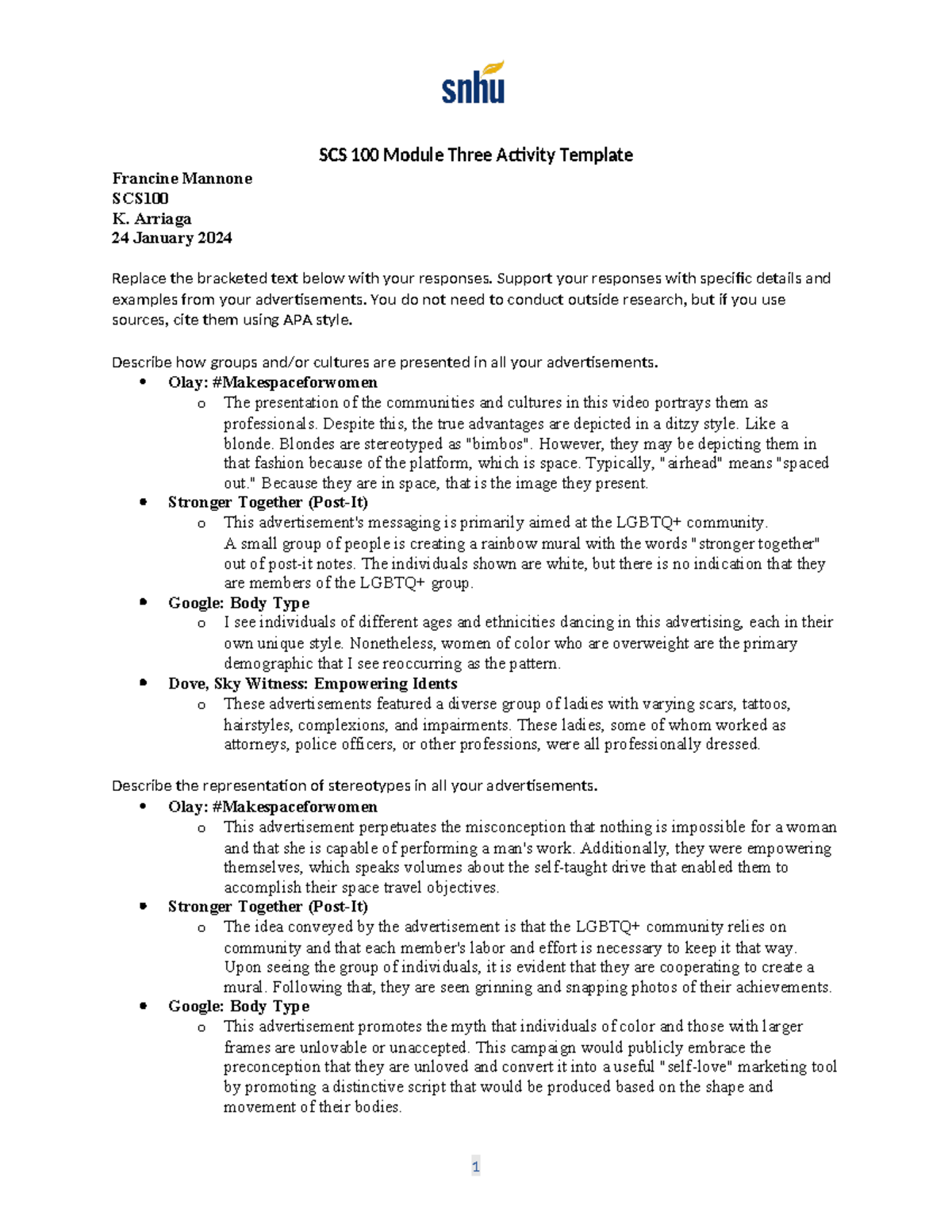 SCS 100 Module Three Activity - Arriaga 24 January 2024 Replace the ...