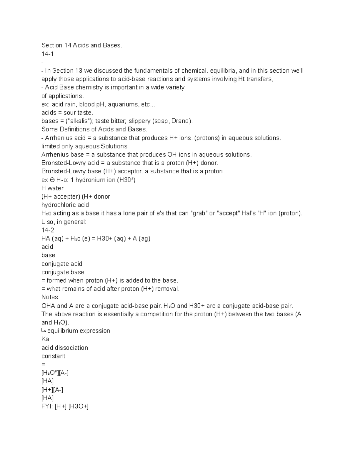 Chem Notes - Section 14 Acids and Bases. 14- In Section 13 we discussed ...