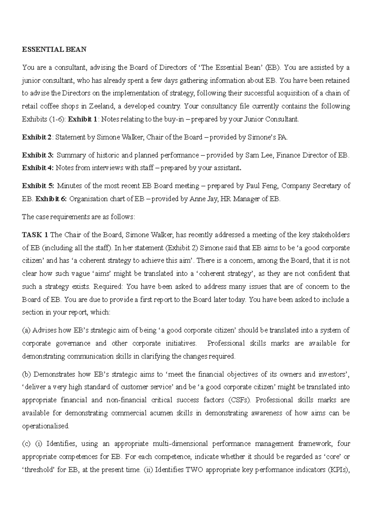 SBL IA - 2 - Case study - ESSENTIAL BEAN You are a consultant, advising ...