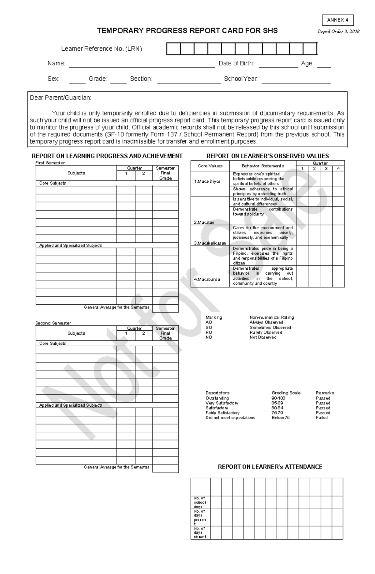 Temporary Progress Report Card SHS - TEMPORARY PROGRESS REPORT CARD FOR ...