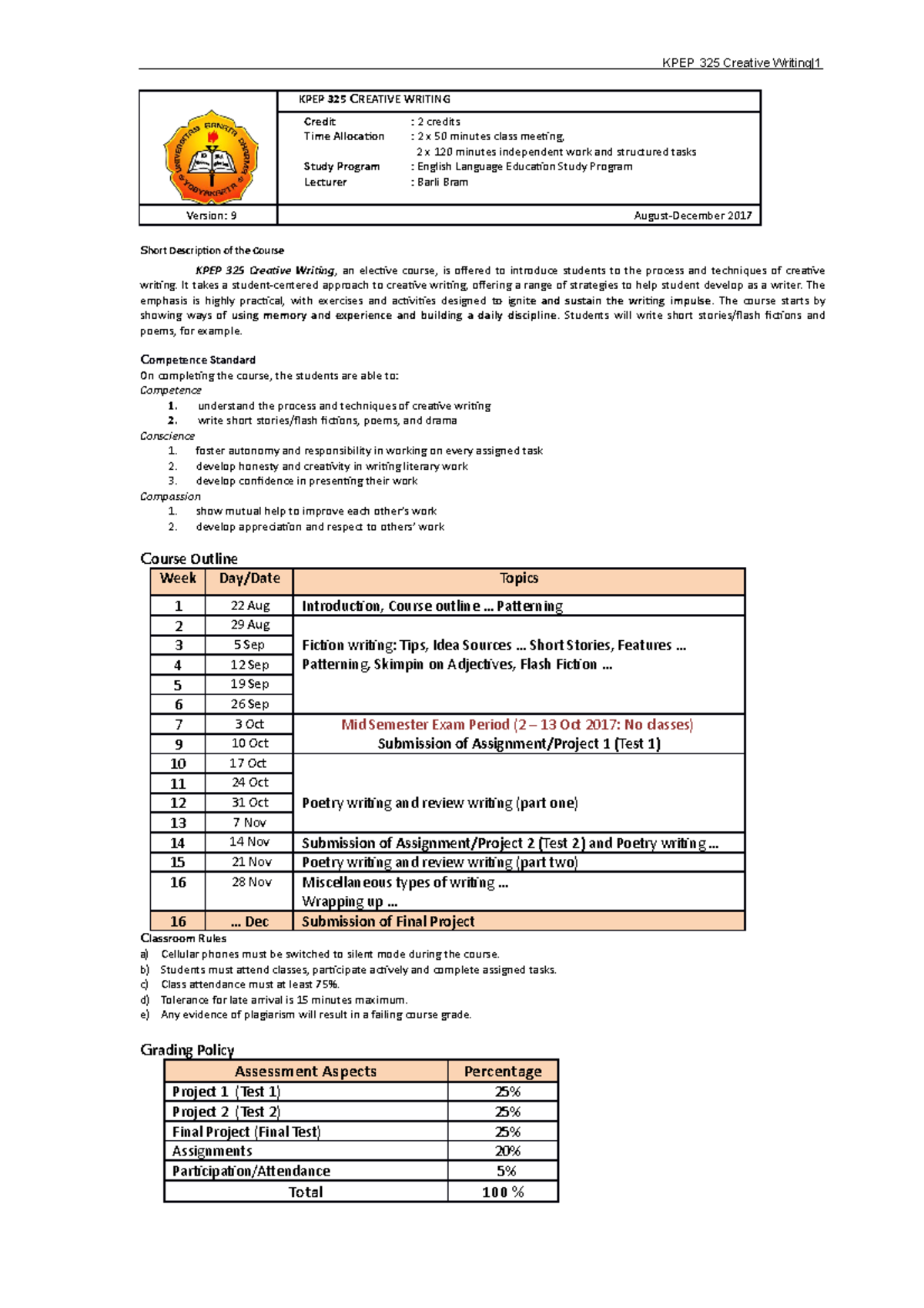 Course Outline Creative Writing Aug-Dec 2017 - KPEP 325 Creative ...