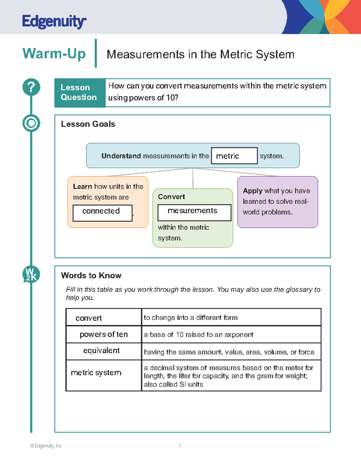Measurements in the metric system - Warm-Up Measurements in the Metric ...