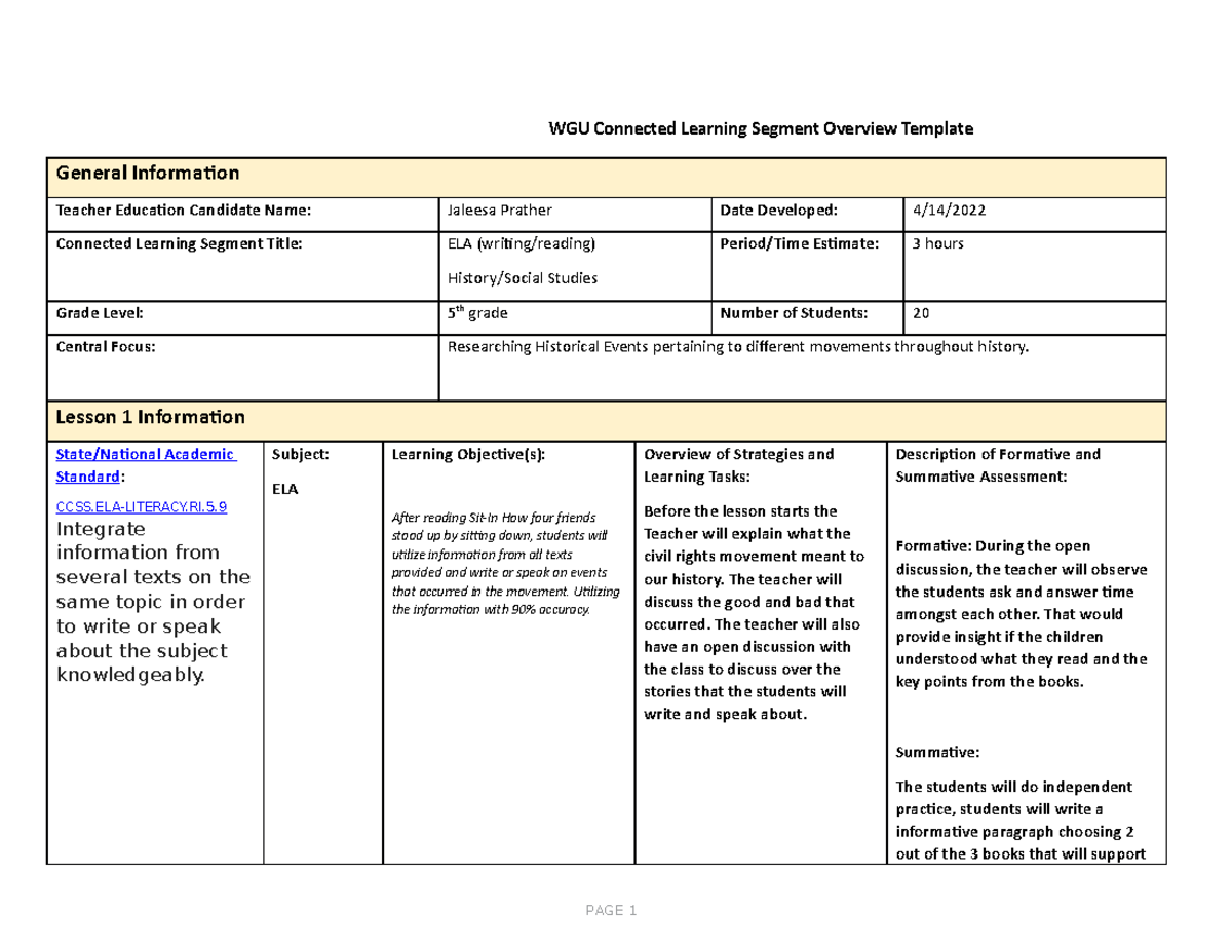 Task 2 Child literature - WGU Connected Learning Segment Overview Template General Information ...