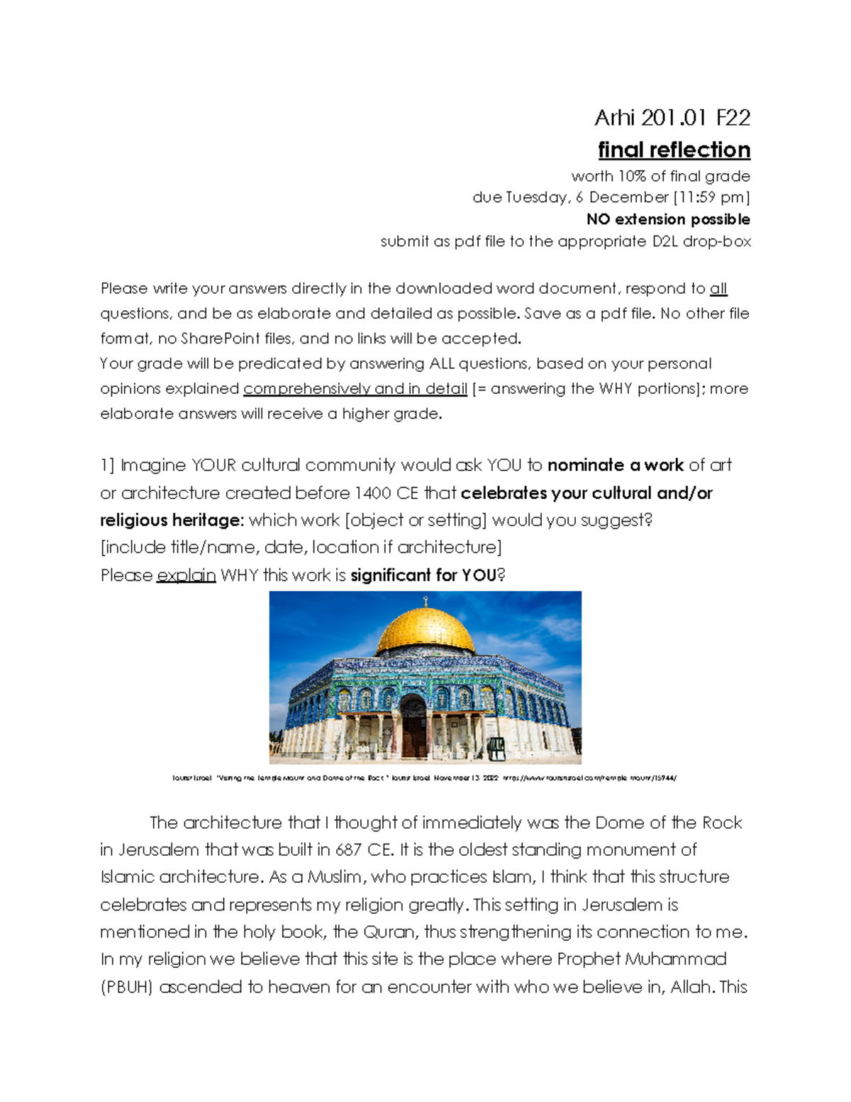 ARHI 201 Final Reflection - Arhi 201 F final reflection worth 10% of ...