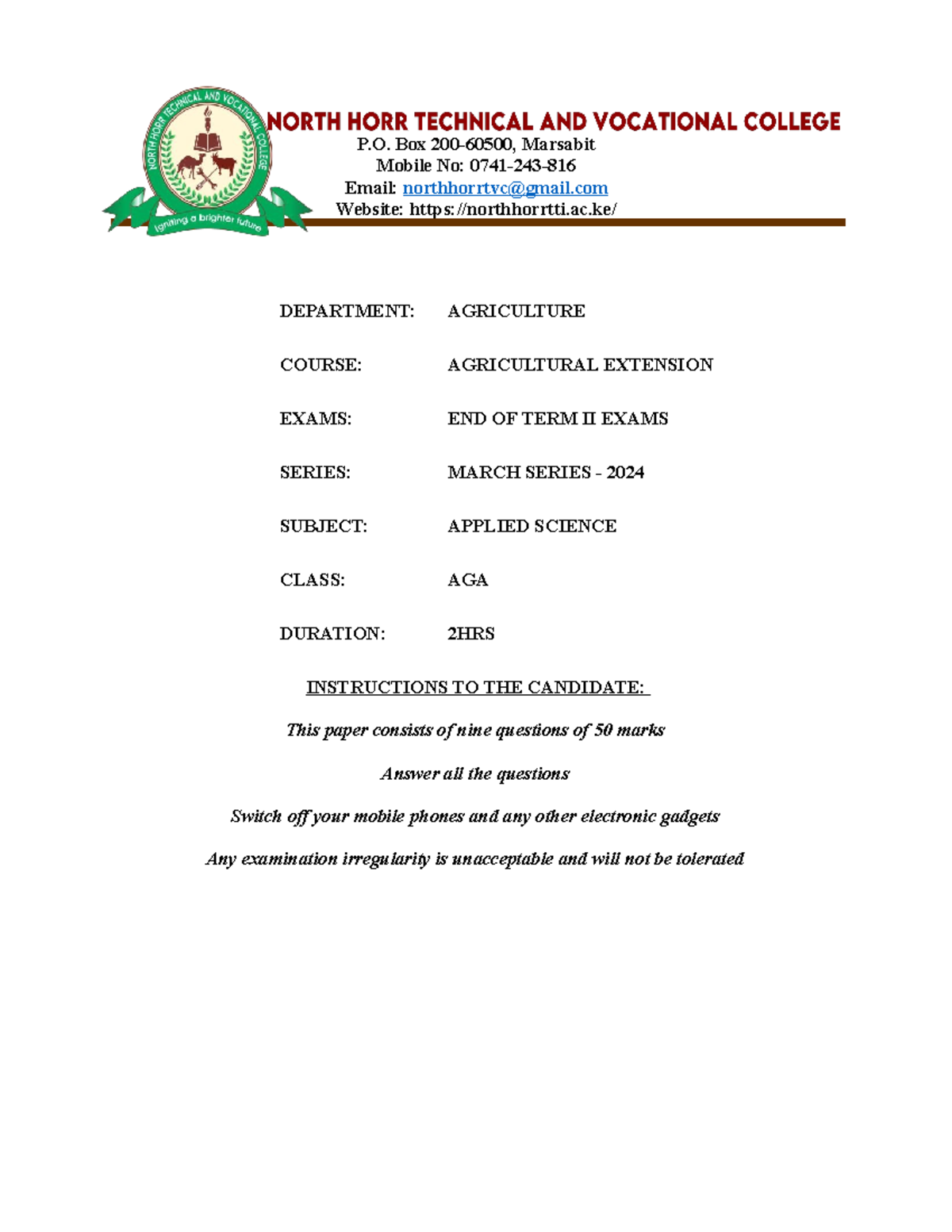 Applied Science exam - exam practice - P. Box 200-60500, Marsabit ...