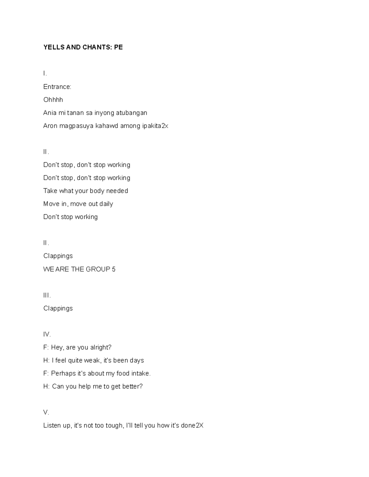 Yells AND Chants - Lesson plans - YELLS AND CHANTS: PE I. Entrance ...