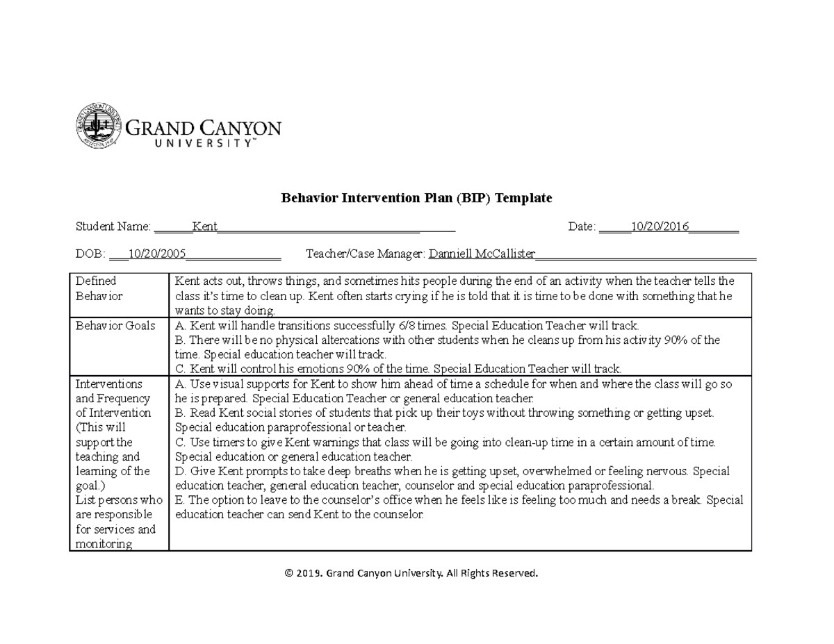 SPD 540 T5 BIP - Behavior Intervention Plan (BIP) Template Student Name ...