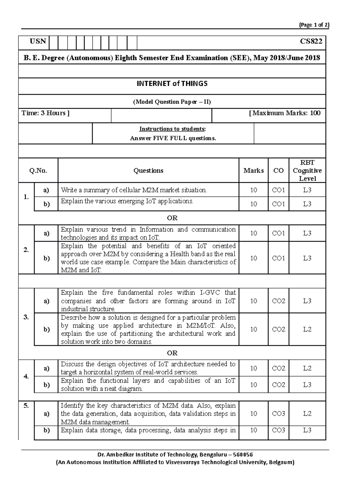 Io T ELE Model Question Paper 2 - (Page 1 of 2) USN CS B. E. Degree ...