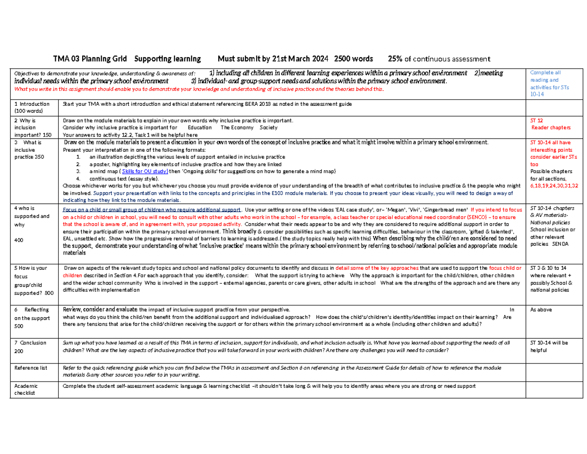 TMA 03 Supporting learning Planning Grid 2024 (1)E103 - TMA 03 Planning ...