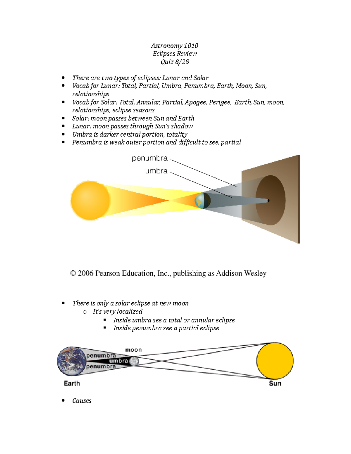 Eclipses - Lecture notes WEEK ONE - Astronomy 1010 Eclipses Review Quiz ...