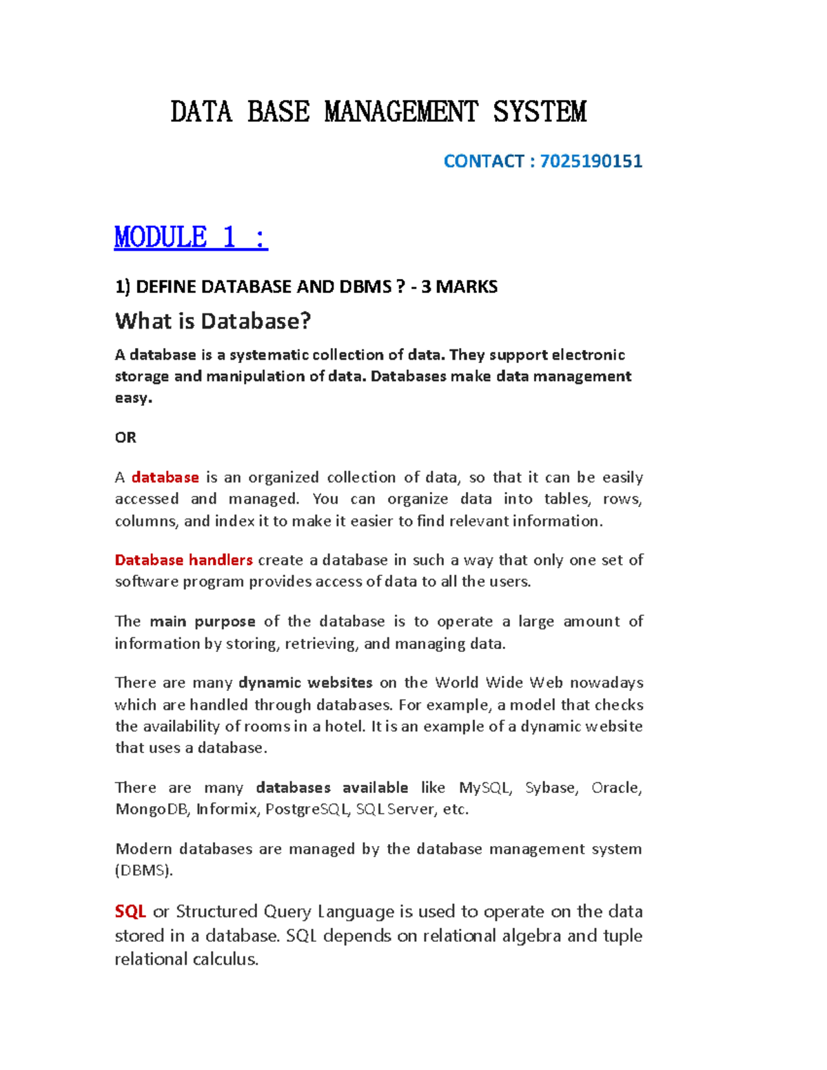 DBMS EXAM Oriented - Very easy and simplified notes.well descripted ...