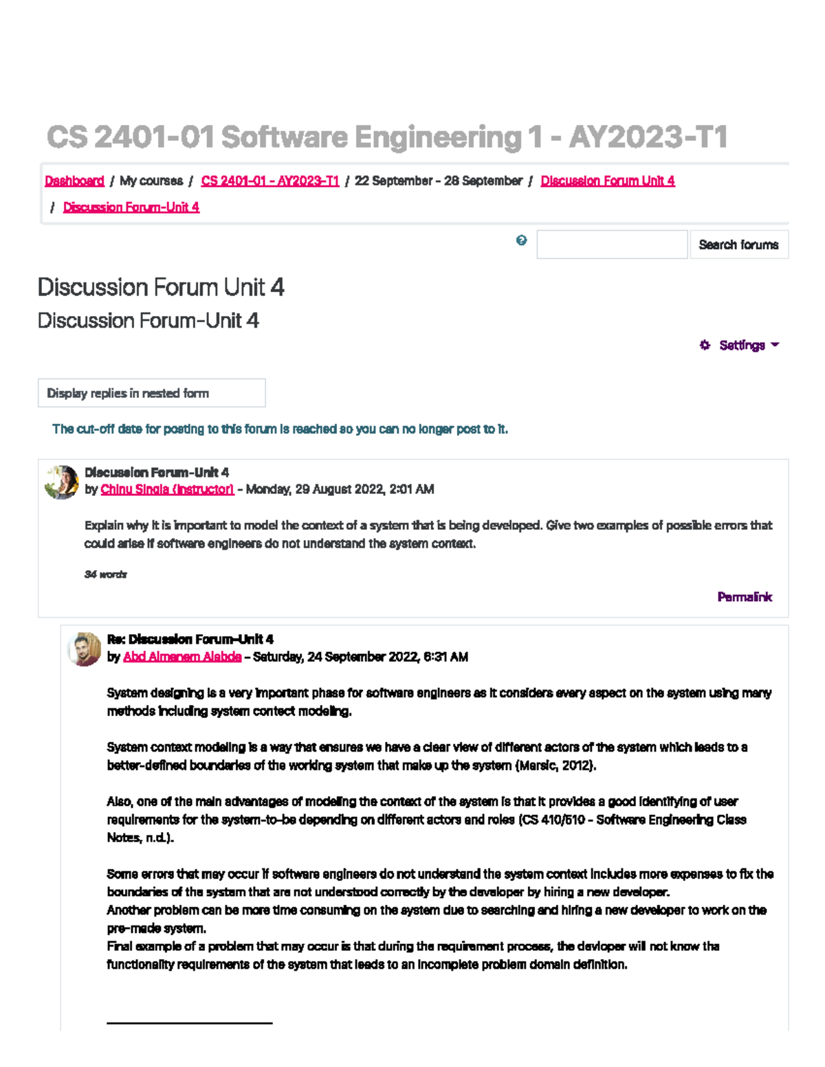 CS 2401-01 - AY2023-T1: Discussion Forum-Unit 4 - CS Software Engineering 1 Dashboard My courses ...