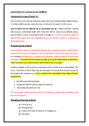Delict - Lecture notes 3 - Fault as an element of delictual liability ...