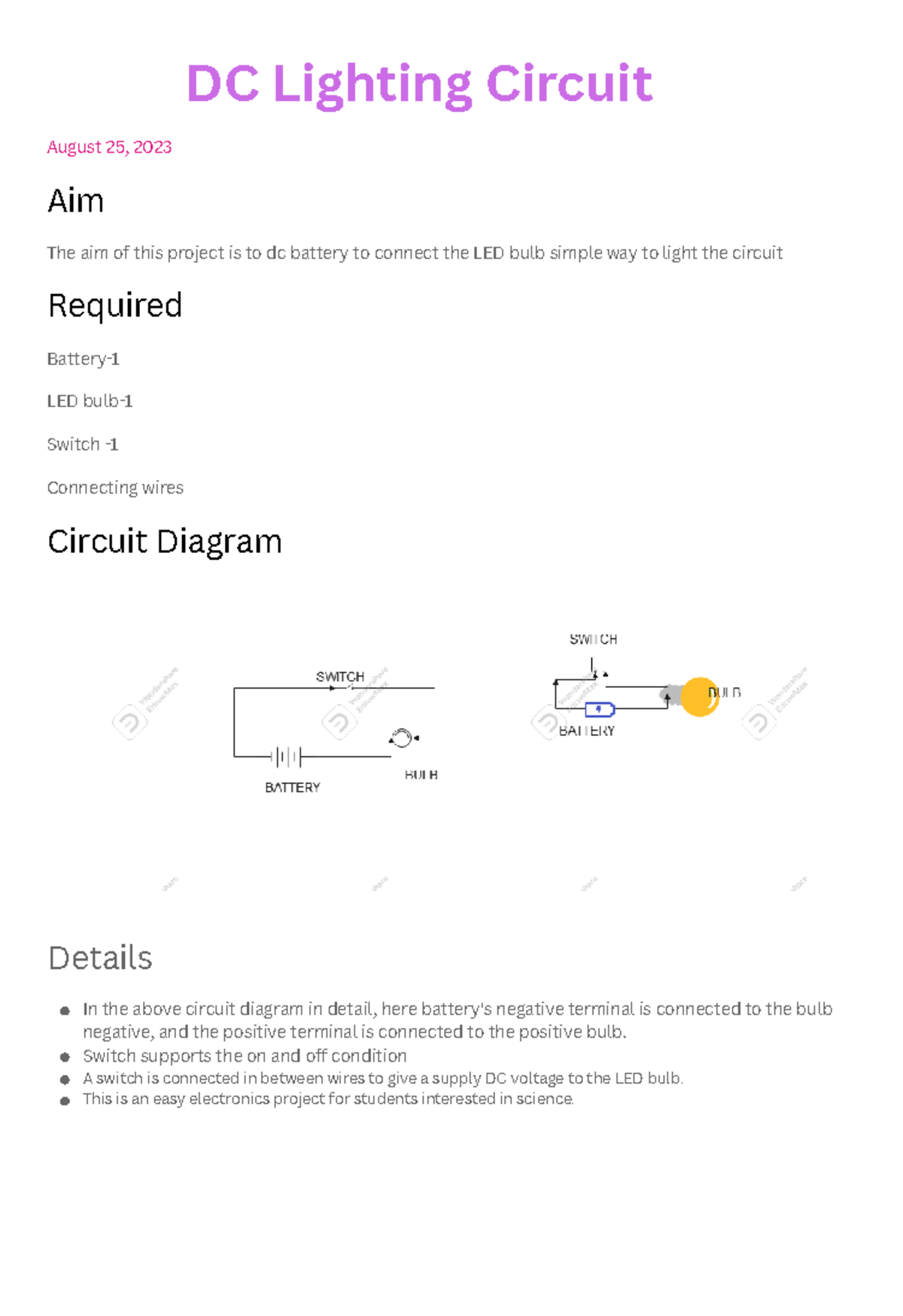 DC Lighting Circuit - DC Lighting Circuit August 25, 2023 Aim The aim ...