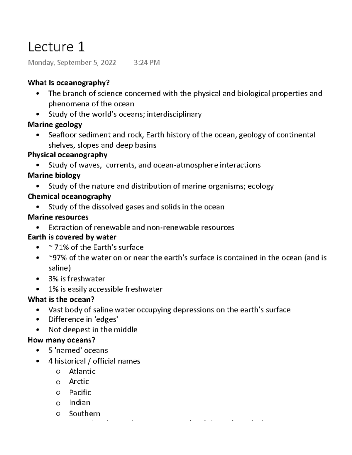 Lecture 1 - What Is oceanography? The branch of science concerned with the physical and ...
