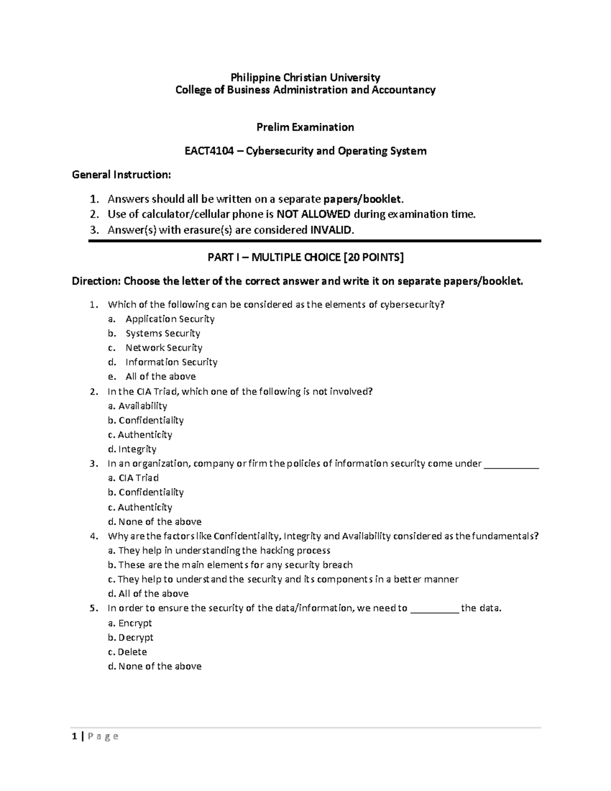 EACT4104-Prelim Exam - Examination - Philippine Christian University ...