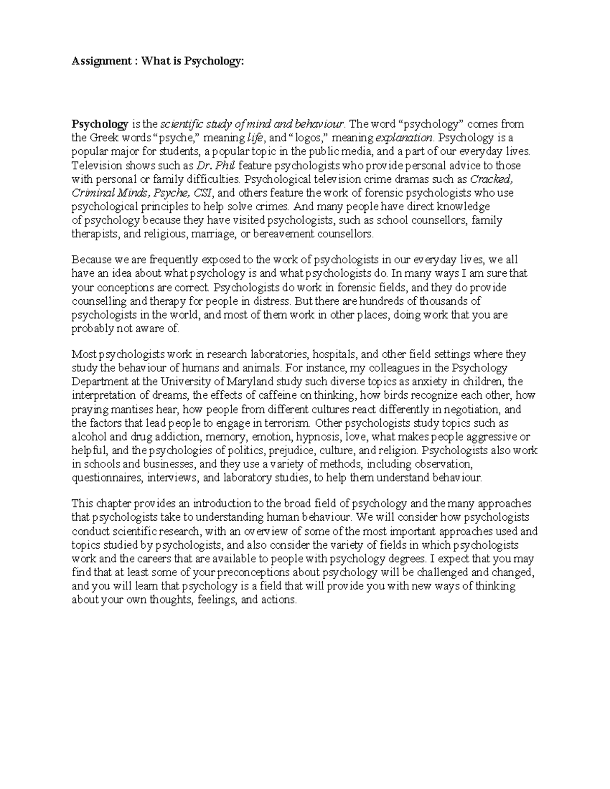 Psychology 101 Assignment 1 - Assignment : What is Psychology ...