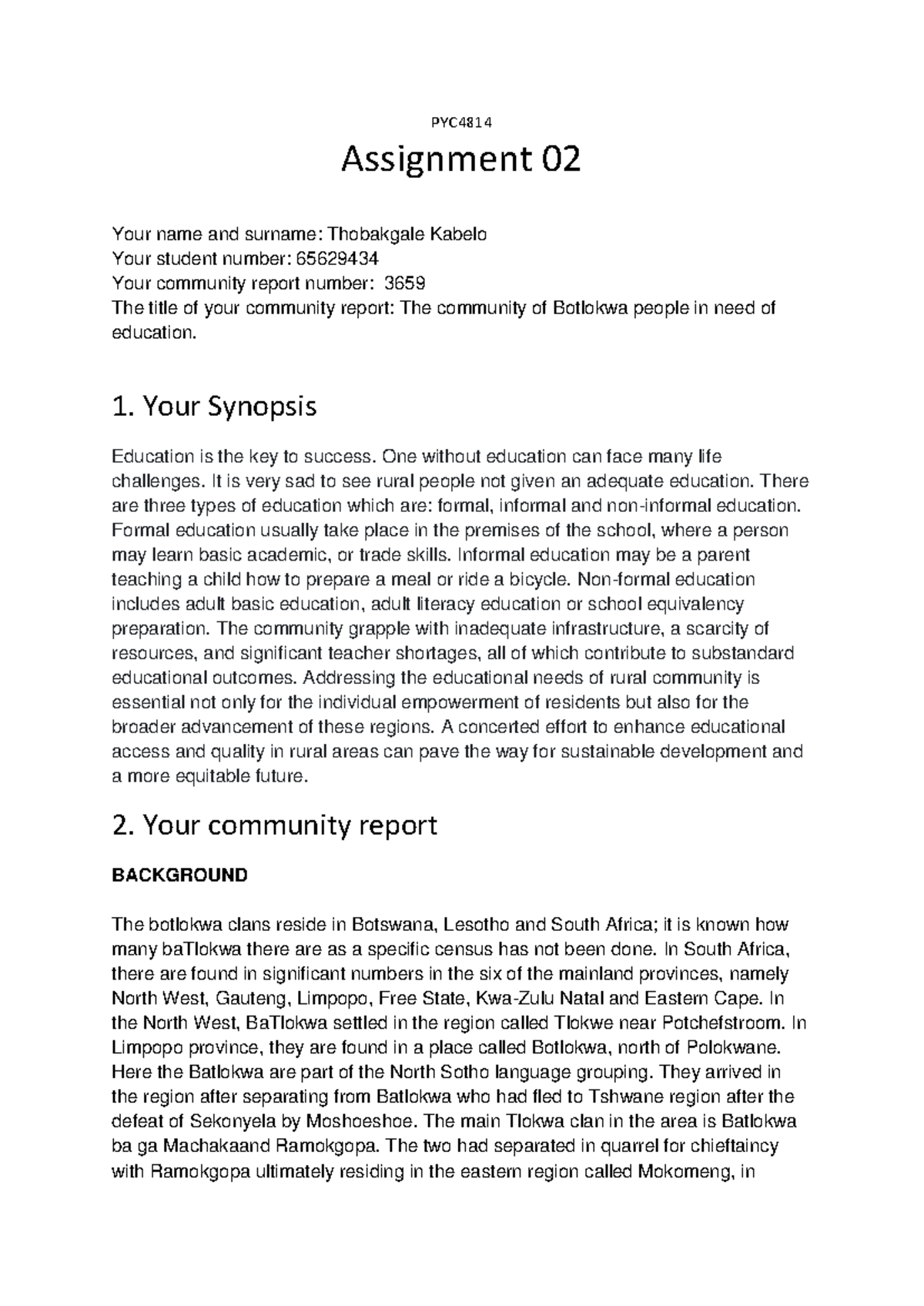 PYC4814 Assignment 2 - required to analyse on feedback - PYC Assignment 02 Your name and surname ...