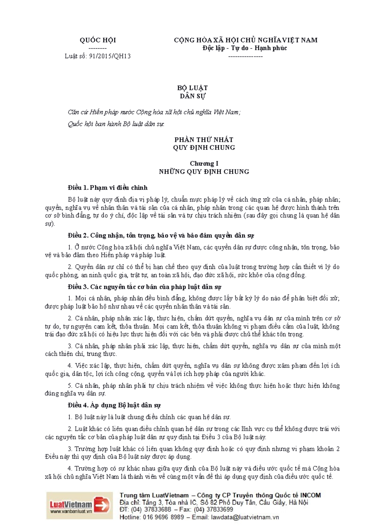 Bo luat dan su 2015 - Luật dân sự năm 2015 - QUỐC HỘI - Luật số: 91/2015/QH CỘNG HÒA XÃ HỘI CHỦ ...