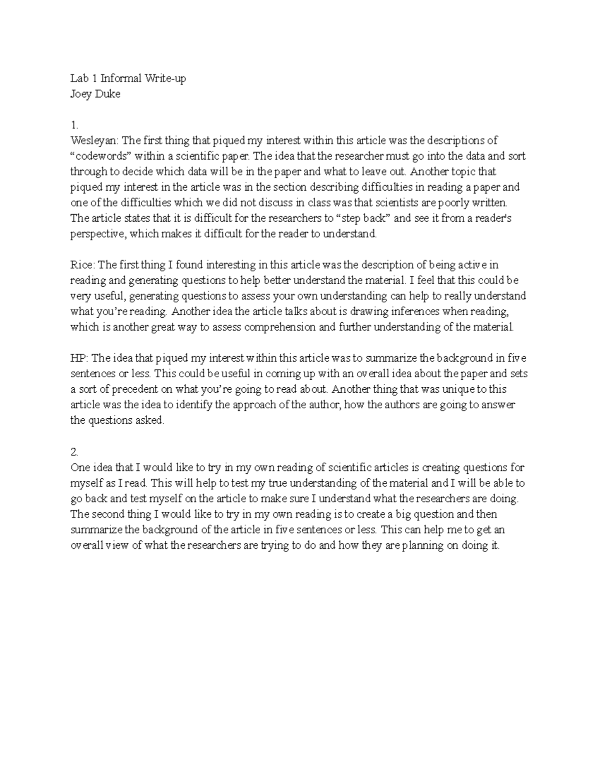 Lab 1 Informal Write-up - Lab 1 Informal Write-up Joey Duke 1. Wesleyan ...