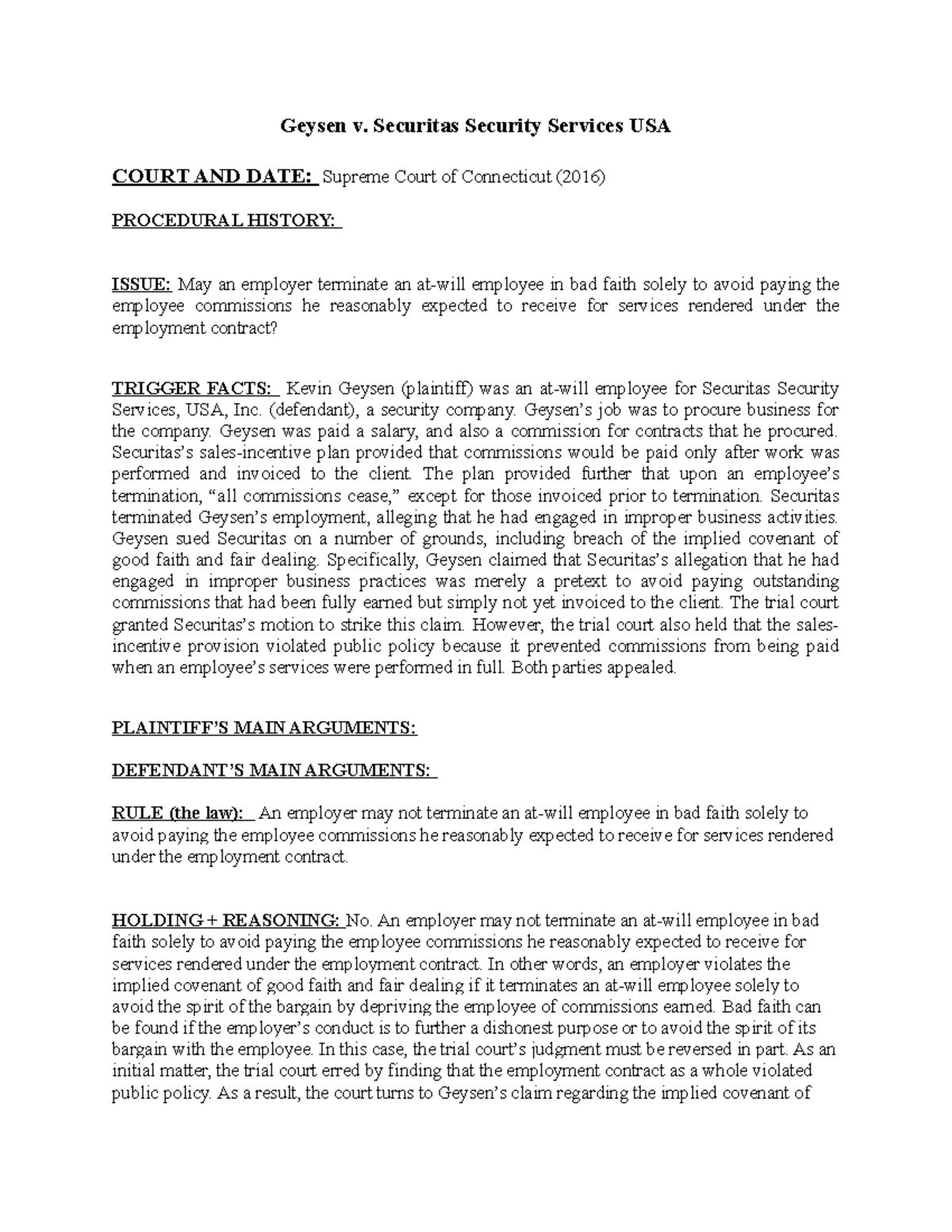 Geysen v Securitas - Brief - Geysen v. Securitas Security Services USA COURT AND DATE: Supreme ...