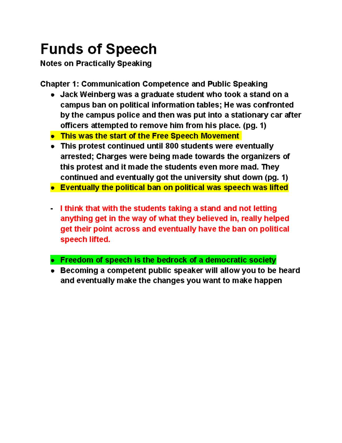 Funds of Speech - I had professor Lorio, Brian. These are notes that ...