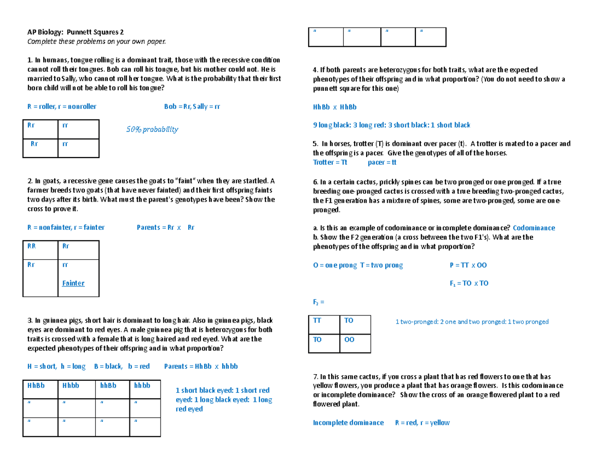Punnett Squares 2 Key - AP Biology: Punnett Squares 2 Complete these ...