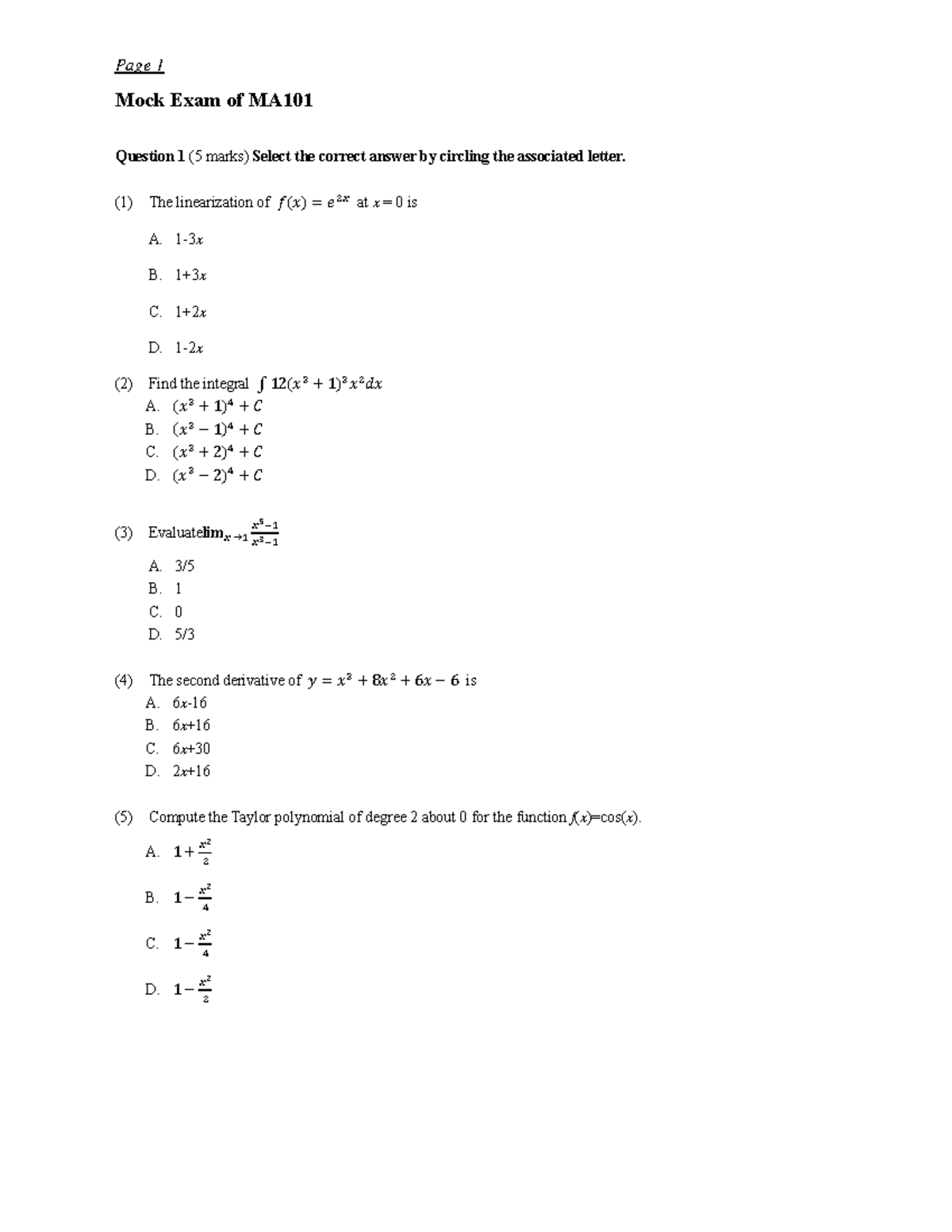 Mock Exam of MA101Winter 2022-POST - Mock Exam of MA Question 1 (5 ...