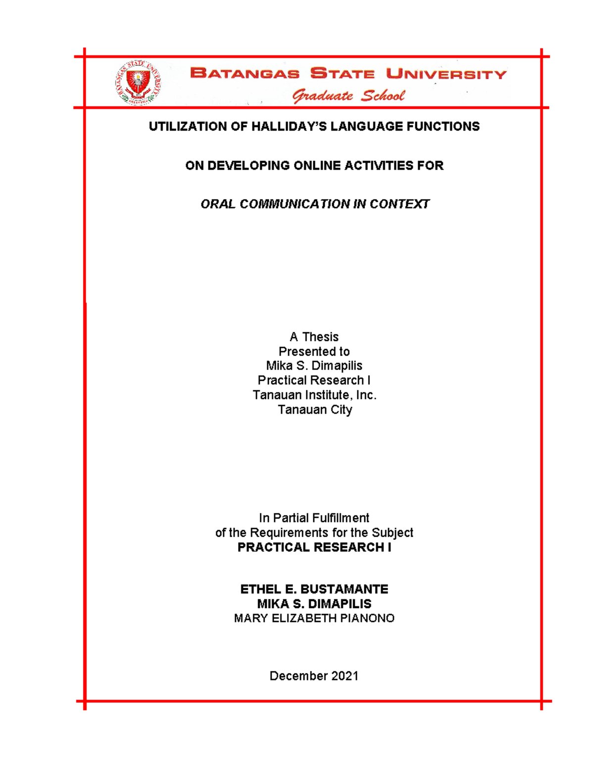 Research Language Functions of Halliday Final Bustamante Ethel 1 ...