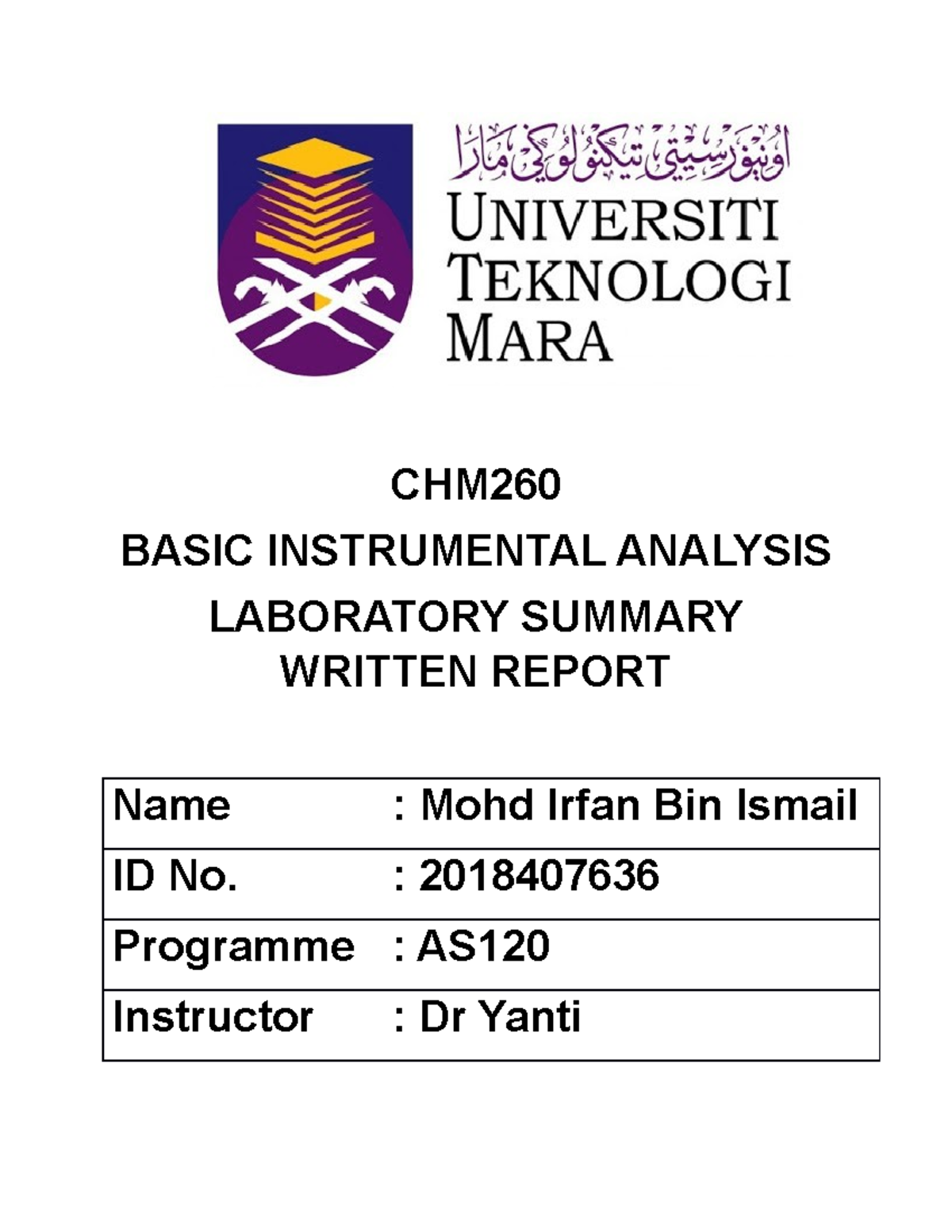 LAB Report CHM 260 1 - CHM BASIC INSTRUMENTAL ANALYSIS LABORATORY ...