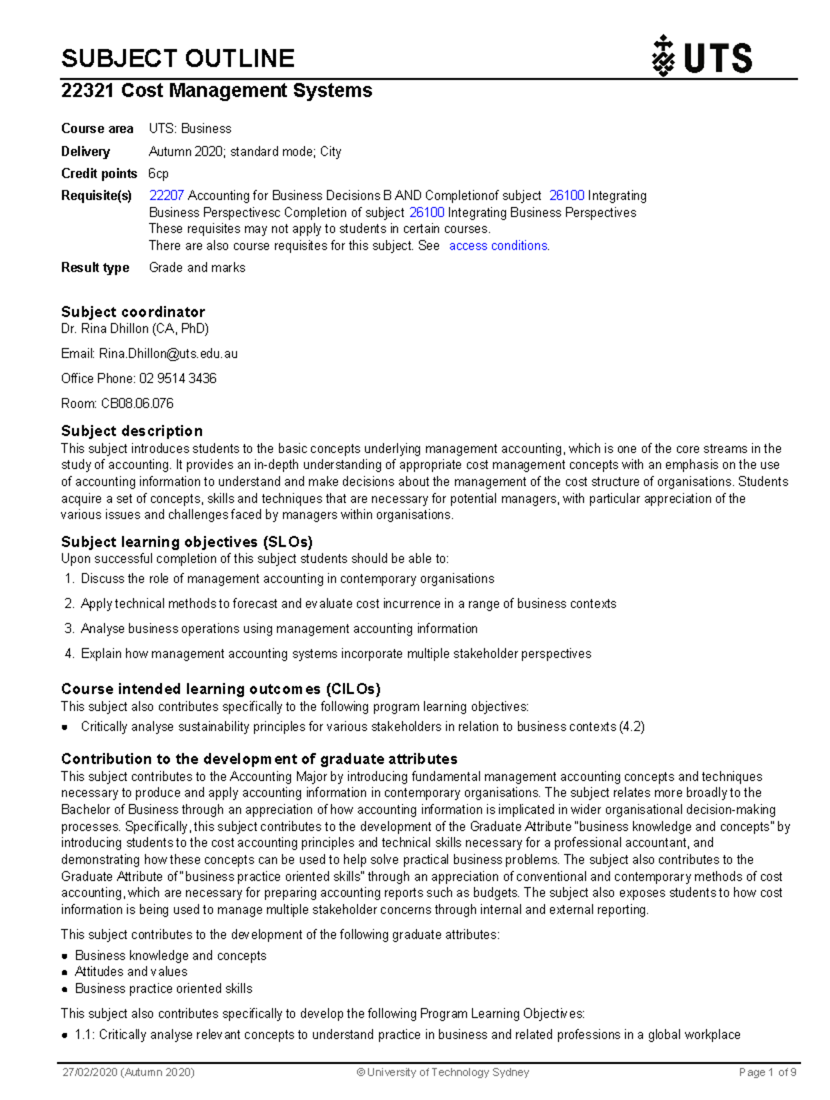 CMS Subject Outline - SUBJECT OUTLINE 22321 Cost Management Systems ...