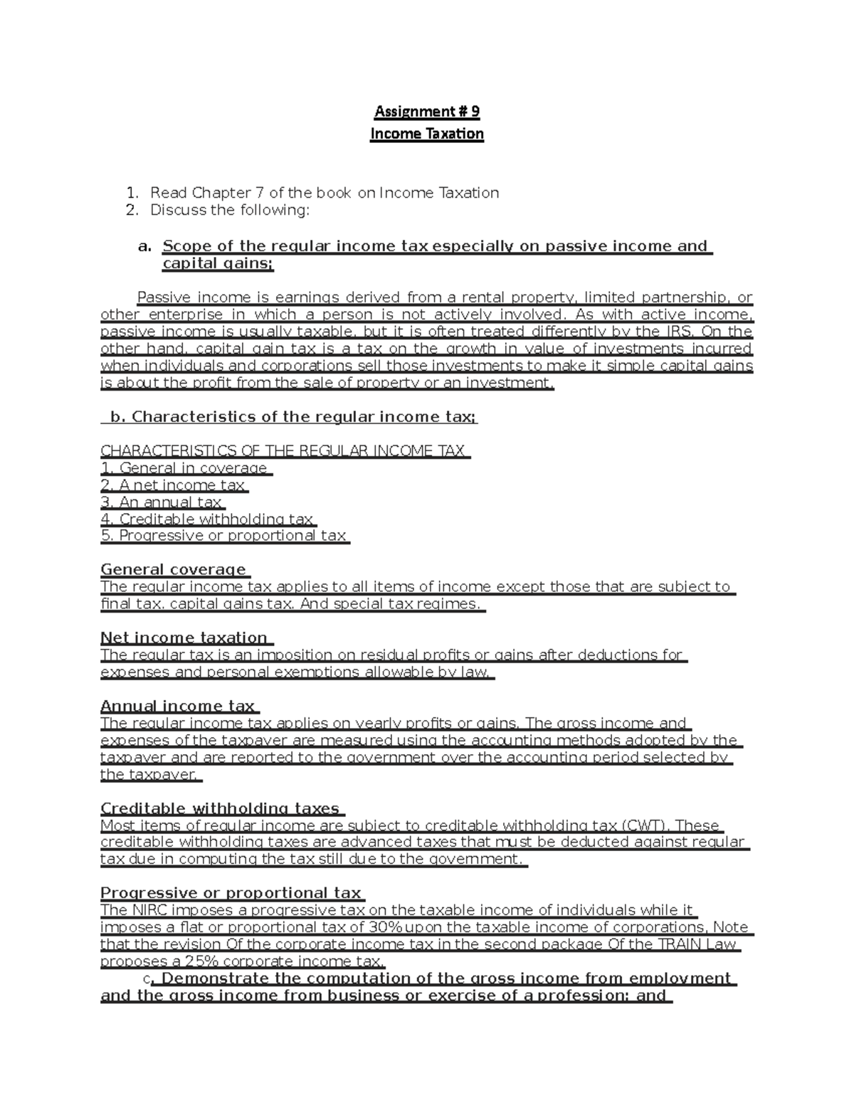 Assignment 9 k - Assignment # 9 Income Taxation Read Chapter 7 of the ...