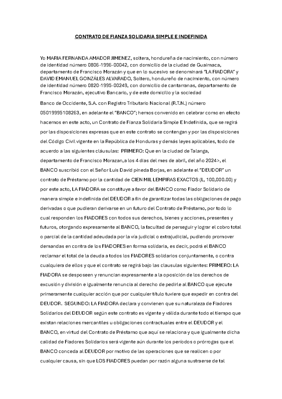 Contrato DE Fianza Solidaria Simple E Indefinida- Fernanda - CONTRATO ...