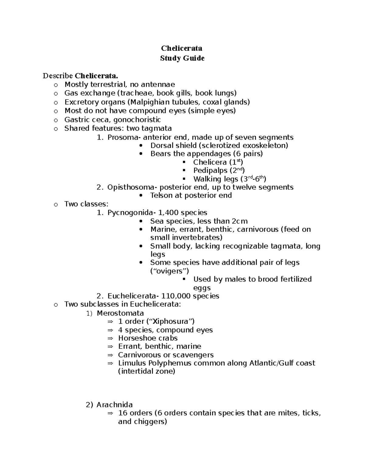 Chelicerata Study Guide - Chelicerata Study Guide Describe Chelicerata ...