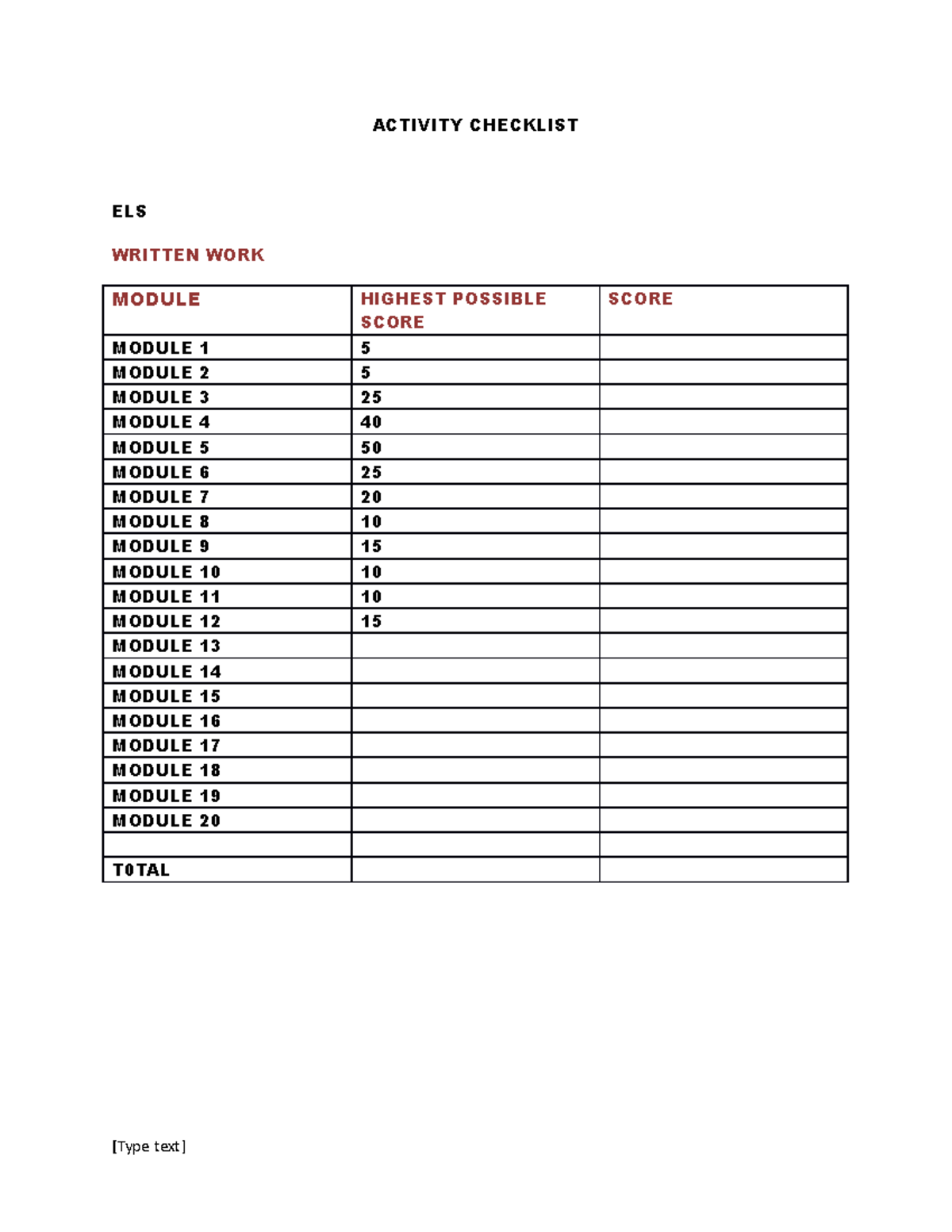 Activity- Checklist - blabla - ACTIVITY CHECKLIST ELS WRITTEN WORK ...