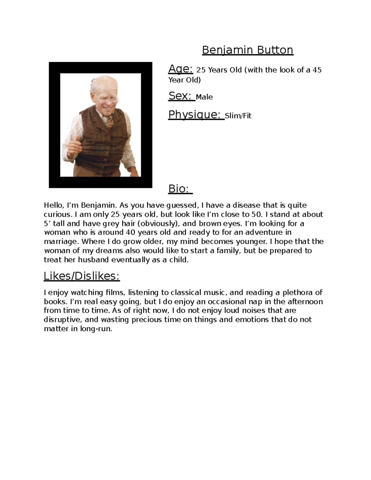 Benjamin Button - An exercise using material from a chosen book ...