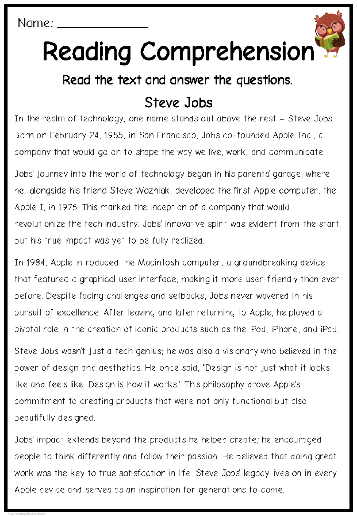 RC 1- Grade-6-Non-Fiction-Steve-Jobs - Reading Comprehension Read the ...