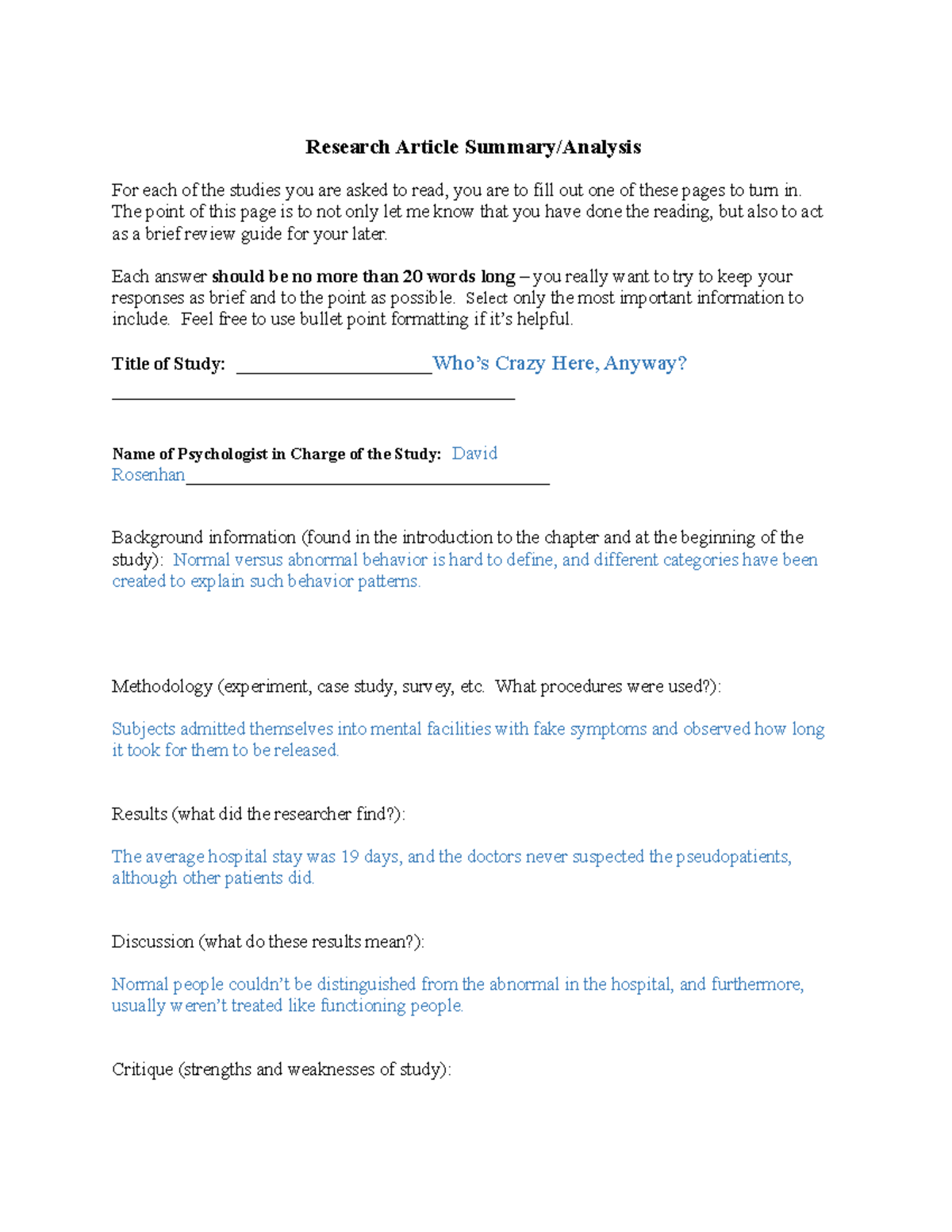 Research Analysis Response Form-Harwoodpsych - Research Article Summary ...