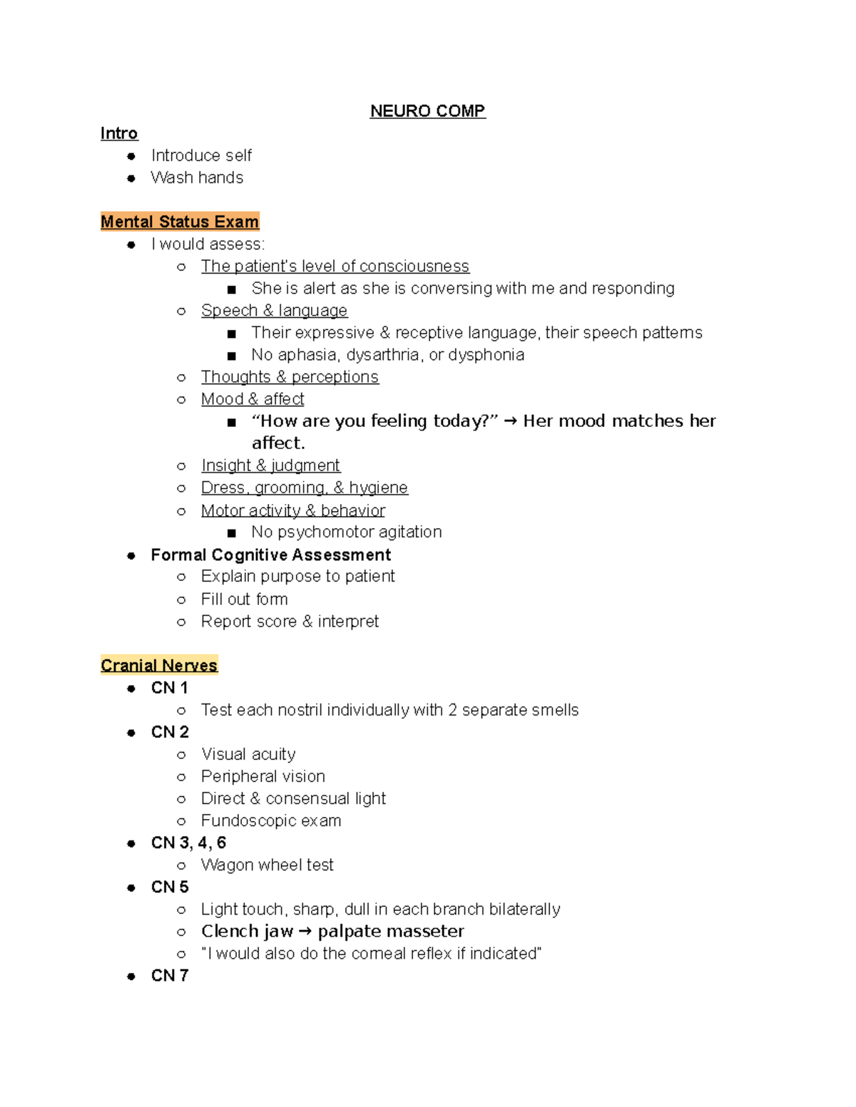 Neuro Comp Intro Mental Status Exam Cranial Nerves Motor Coordination ...