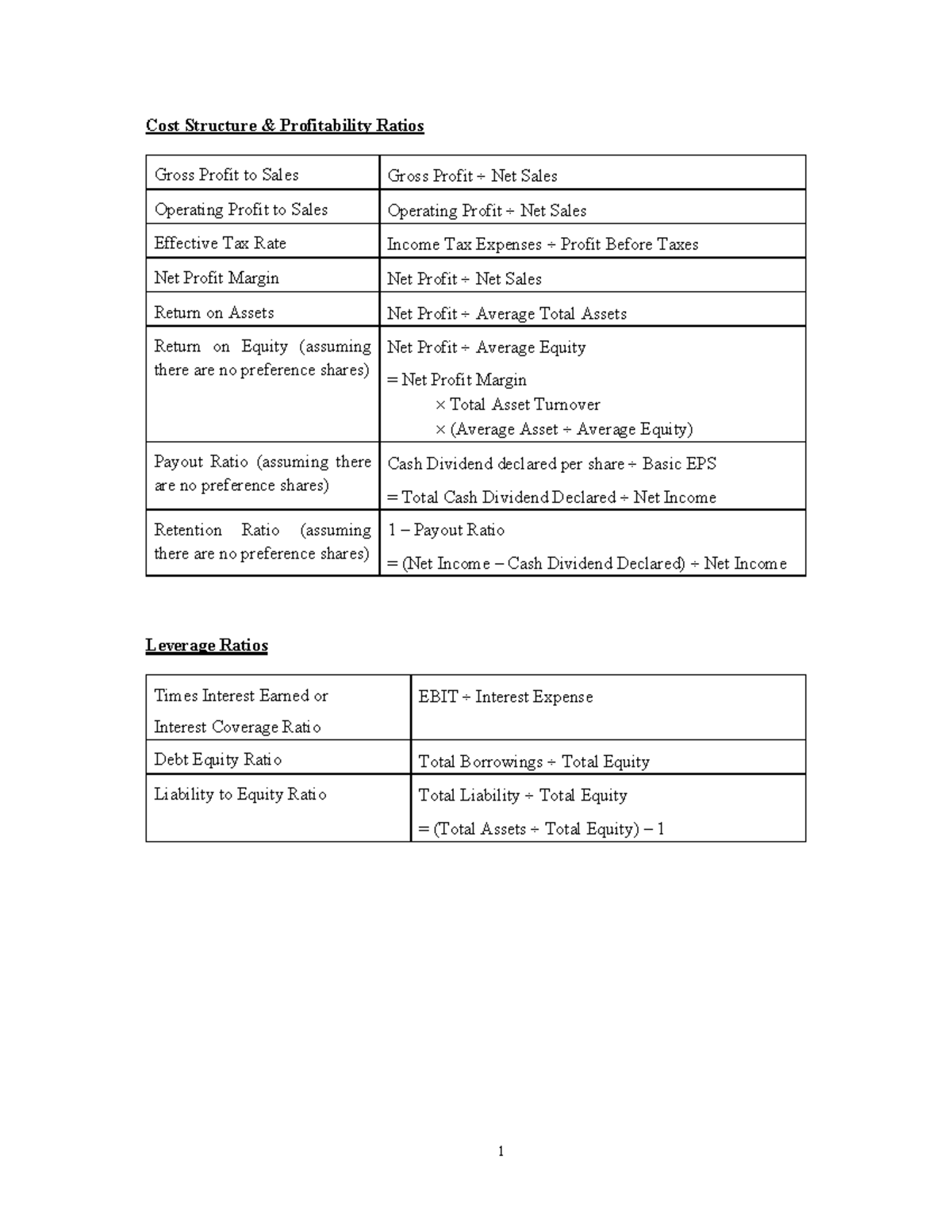 CFRA Formula for FSA Ratios sent - 1 Cost Structure & Profitability ...