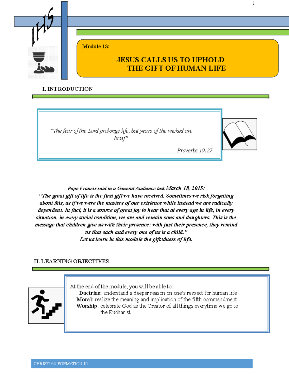 Lesson 13 for CF 10 Jesus Calls Us to Uphold the Gift of Human Life ...