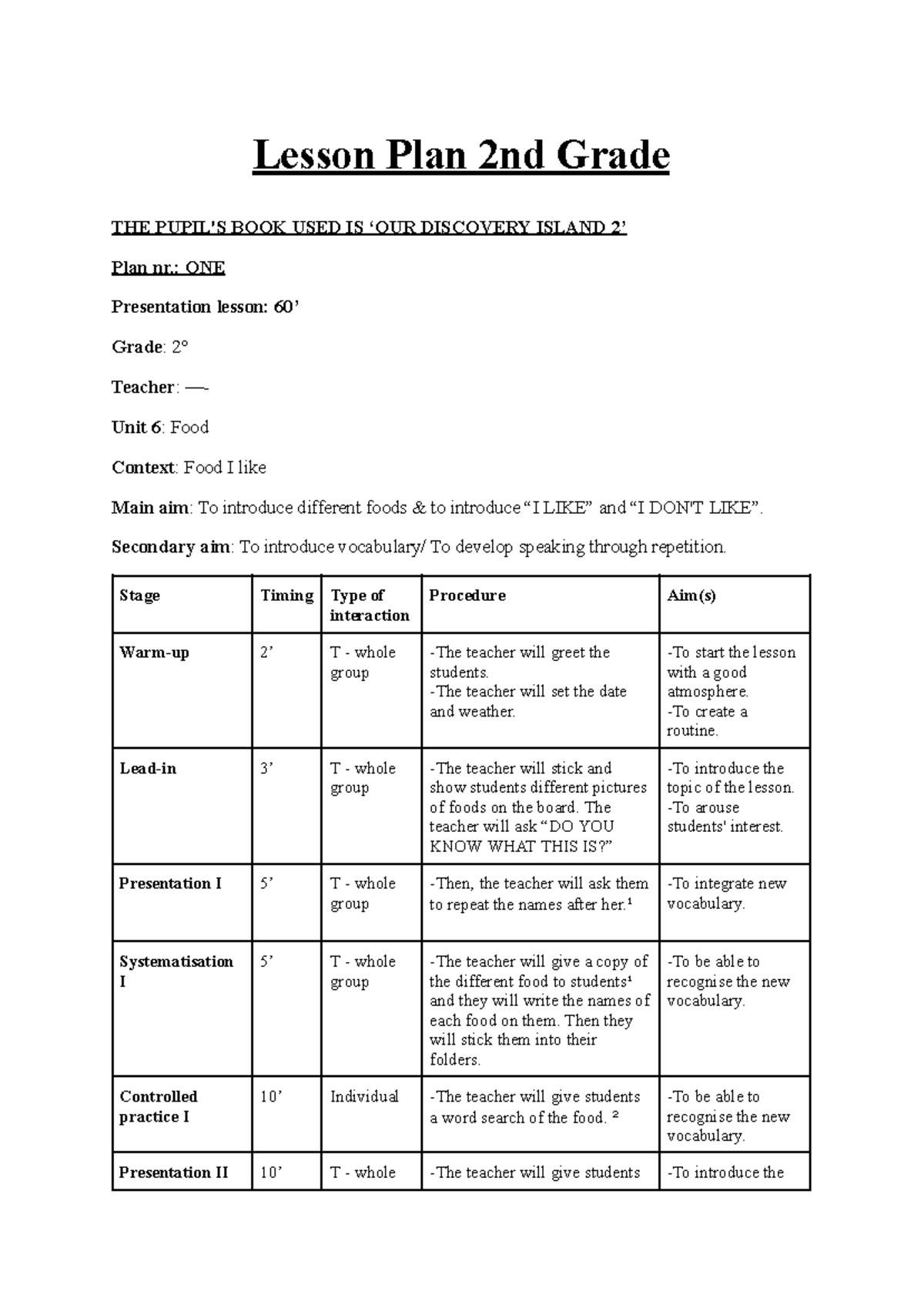 Lesson plan 2nd grade FOOD - Lesson Plan 2nd Grade THE PUPIL'S BOOK USED IS ‘OUR DISCOVERY ...