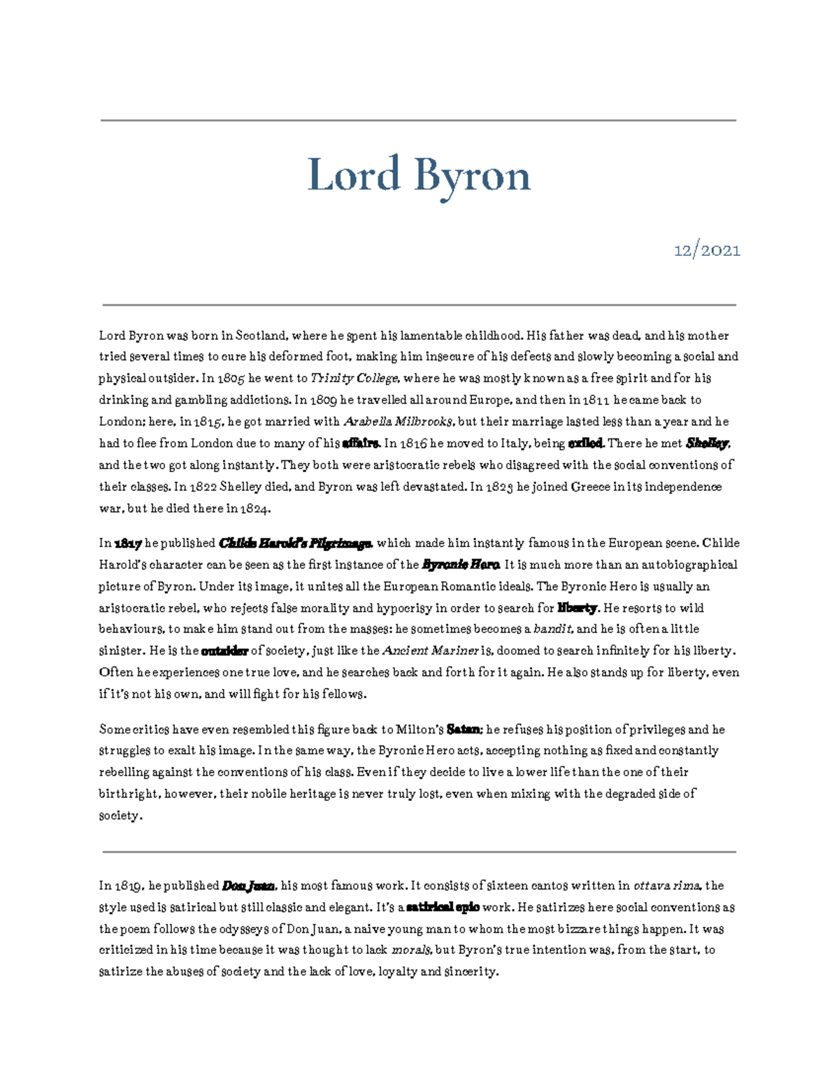 Lord Byron - Lord Byron 12/ Lord Byron was born in Scotland, where he ...
