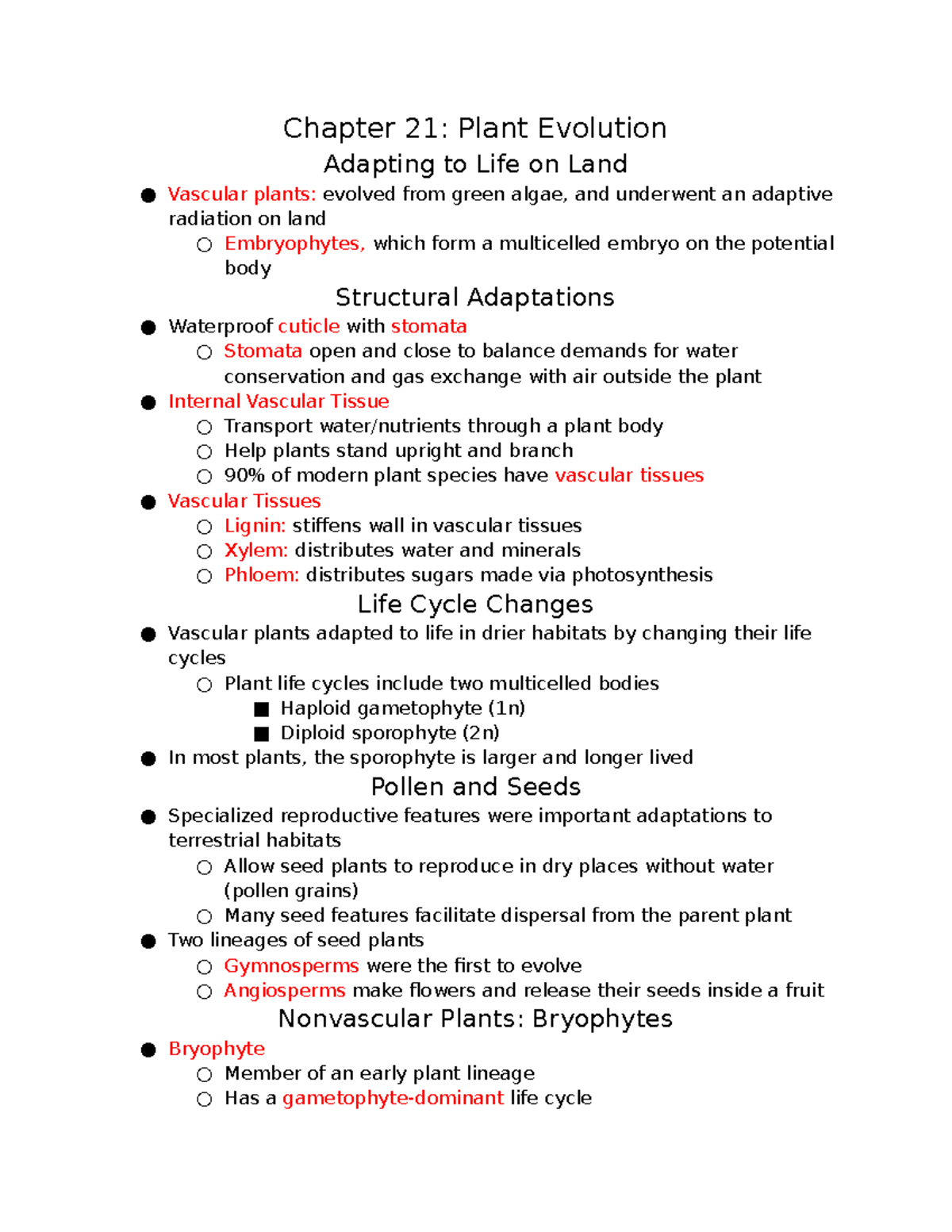 BIOL 101 Module 16 Notes Plant Evolution - Chapter 21: Plant Evolution ...