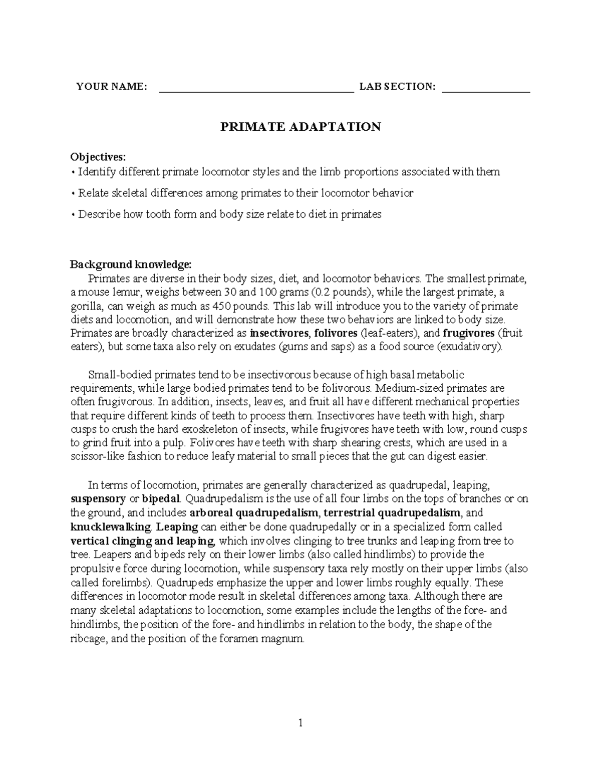 Primate Adaptation Lab- Student updated January 2024 - YOUR NAME: LAB SECTION: PRIMATE ...