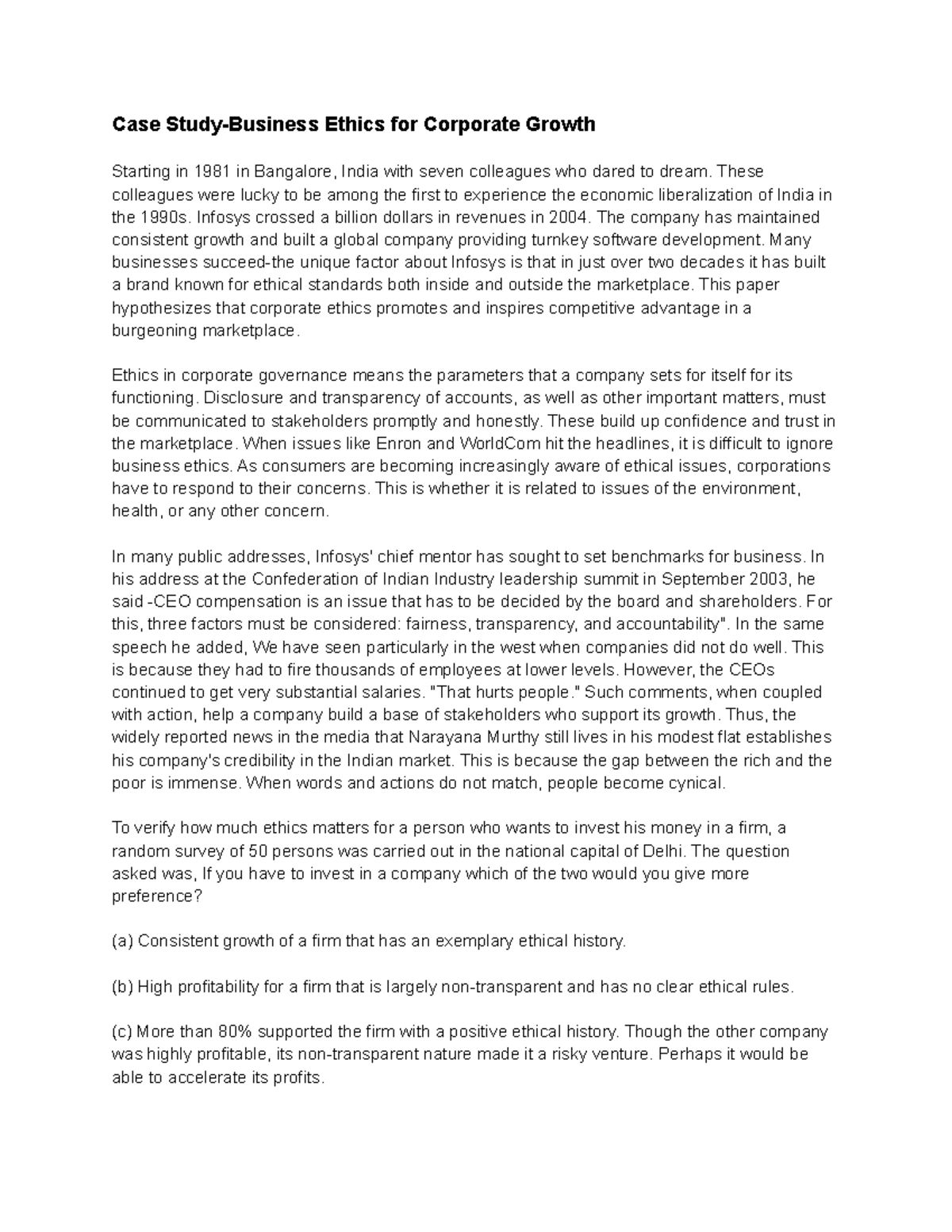 Case Study-Business Ethics for Corporate Growth - These colleagues were ...